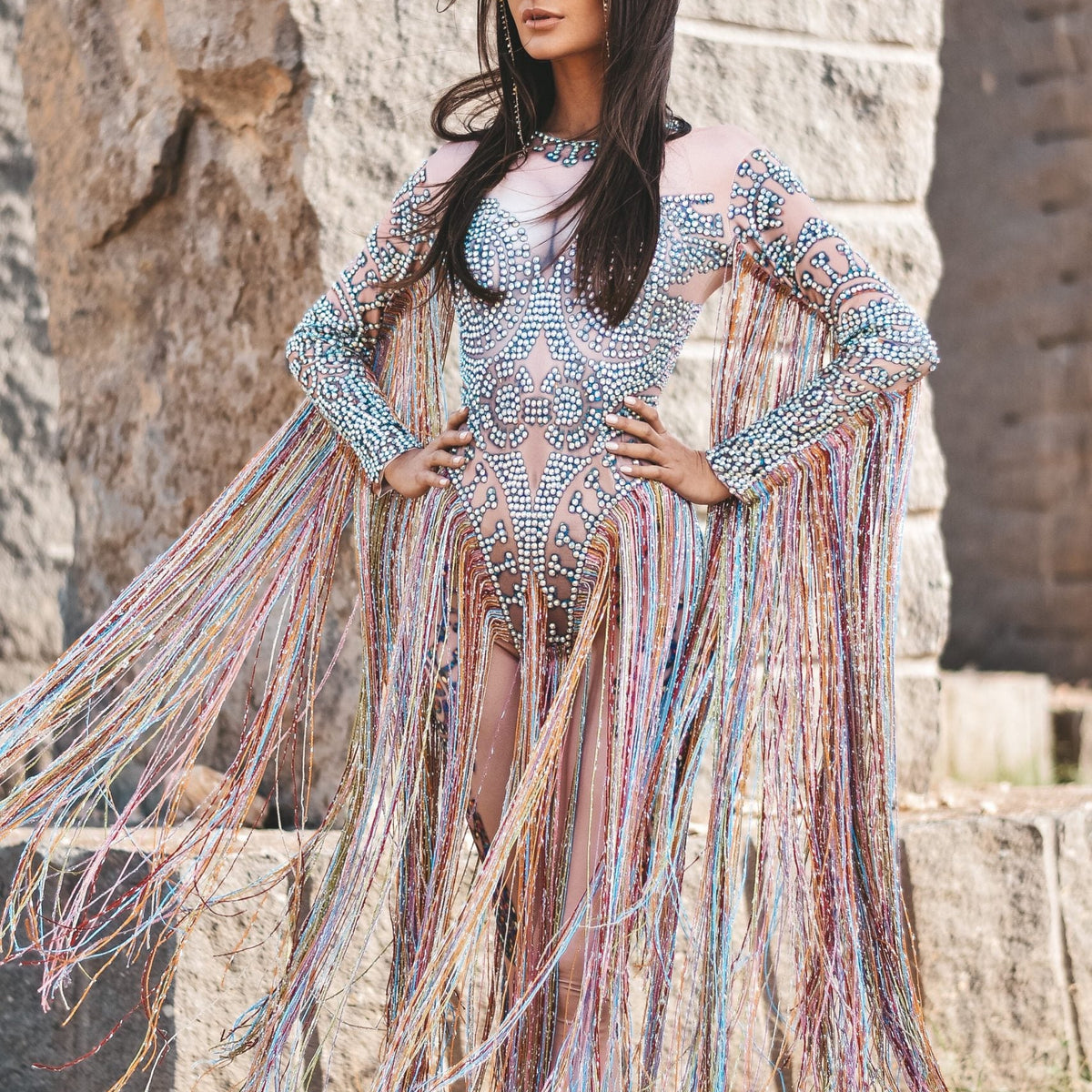 Maxine Long Sleeve Fringe Rhinestone Jumpsuit – PurexChaos